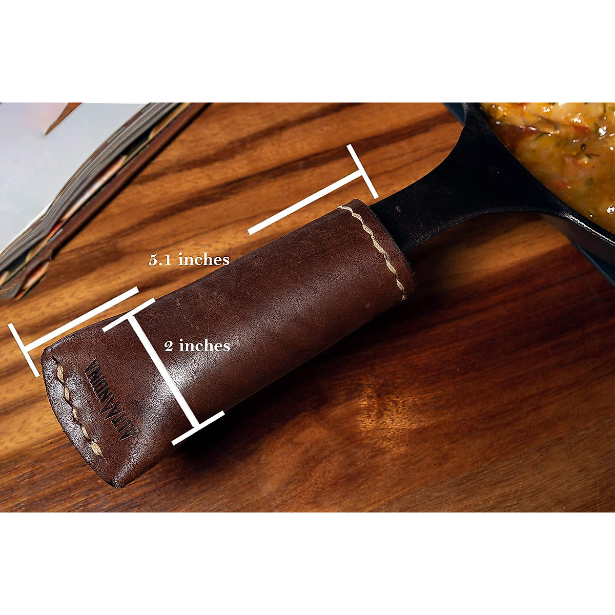 Alta Andina Leather Skillet Handle Cover | Hand Stitched, Vegetable Tanned Leather Hot Handle Holder for Cast Iron Skillets & Cookware (Brown – Café)