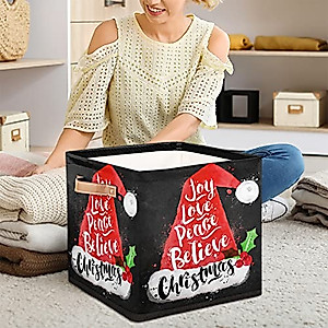 Large Collapsible Storage Bins,Christmas Hat Decorative Canvas Fabric Storage Boxes Organizer with Handles,Cube Square Baskets Bin for Home Shelves Closet Nursery Gifts