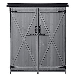 LUMISOL Outdoor Storage Cabinet, Wooden Garden Shed with Removable Shelves, Waterproof Asphalt Roof, Adjustable Legs, Tool Shed with Lockable Doors for Backyard, Patio, Lawn (Gray)