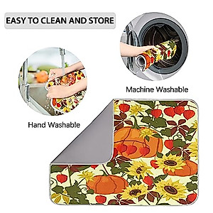 Dish Drying Mat for Kitchen Counter 16x18 Drying Rack Pad Absorbent Microfiber Reversible Kitchen Accessories Fall Pumpkin Sunflower