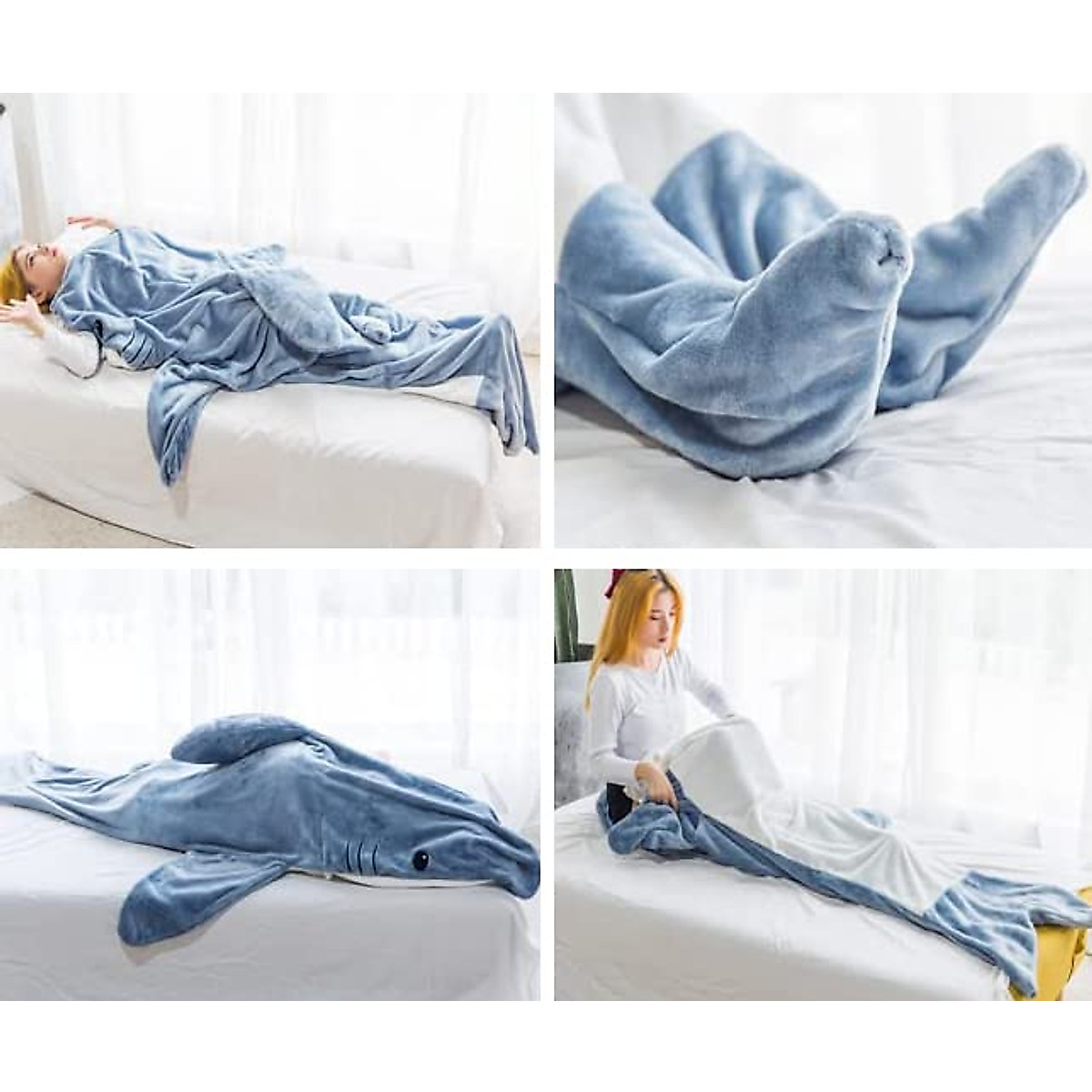 Shark Blanket Super Soft Cozy Flannel Hoodie Shark Sleeping Bag Shark Tail Wearable Fleece Throw Blanket for Adult Children XXL