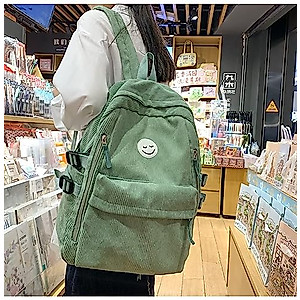 JHTPSLR Preppy Backpack Smiley Face Corduroy Backpack Cute Academia Aesthetic Backpack Autumn Corduroy Backpack Solid Book Bags (Sage Green)