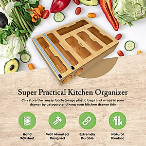 Bamboo 6 in 1 Food Storage Bag Organizer for Kitchen Drawer Baggie Container Dispenser Food Storage Bag Holder for Sandwich - Nuts, Cookies & Snack Variety Size Bags, Compatible with Ziploc,Gallon