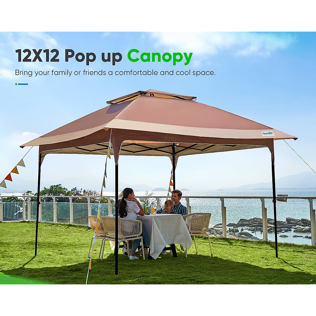 Quictent Pop up Gazebo Canopy 12 x 12, One Person Set up Portable Instant Folding Shelter, Outdoor Canopy Tent with Extra Shade for Backyard, Patio, Party - Tan&Brown