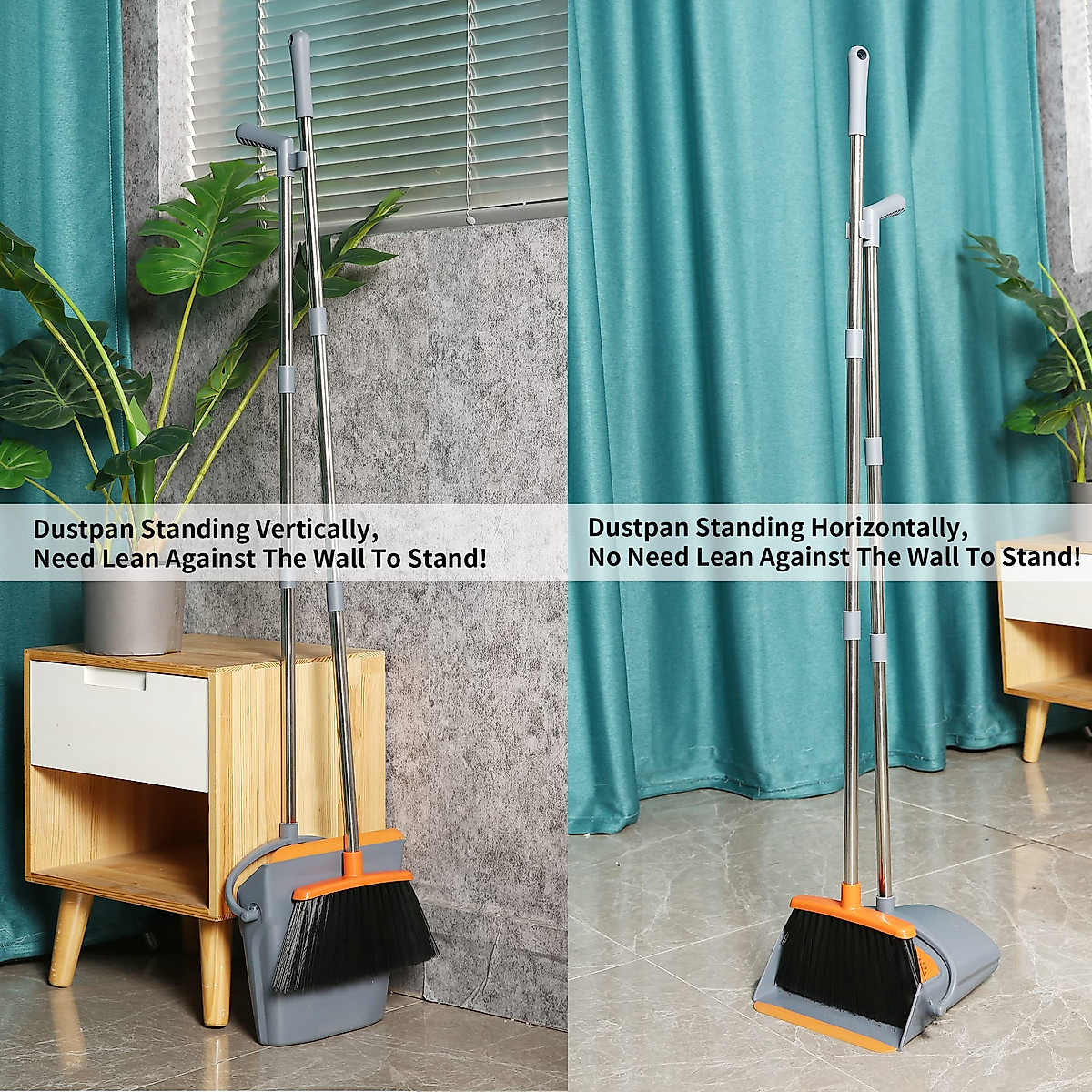 OLLSDIRE Broom and Dustpan Set for Home Upright Dustpan and Broom Combo Set with Long Handle Sweeping Office Kitchen Floor Pet Hair Standing Dust pan Angle Broom Cleaning Supplies Indoor