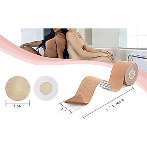 STPRO BoobTape Boobytape for Breast Lift -Achieve Chest Brace Lift-Waterproof Sweat-Proof Bob Tape-2in x16.4ft x2pcs and 5 Pairs Nipple (beige, 2roll)