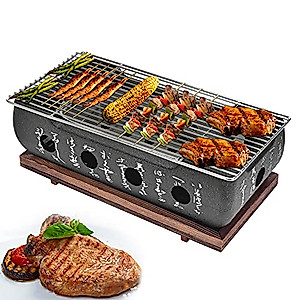 Japanese Style BBQ Grill,14 x 6.9 x 4 inches Portable Barbecue Stove Aluminium Alloy Charcoal Stove with Wire Mesh Grill and Base Japanese Tabletop Household Barbecue Tools