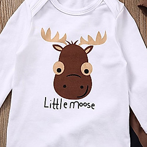 Autumn Winter Newborn Baby Boys Girls Tops Moose Romper Pants Hat Outfits Set Cute Clothes 3Pcs (0-6 Months, White+Brown)