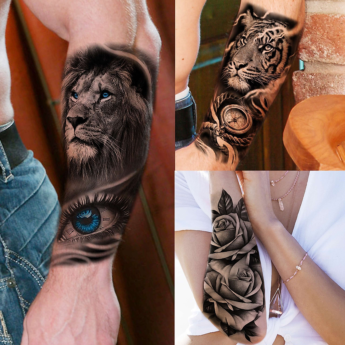 TASROI 61 Sheets Realistic Skull Tiger Wolf Lion Temporary Tattoos For Women Men Arm Sleeve, 3D Halloween Temp Tattoos Adults Compass Black Rose Flower, Bulk Fake Tattoos That Look Real And Last Long