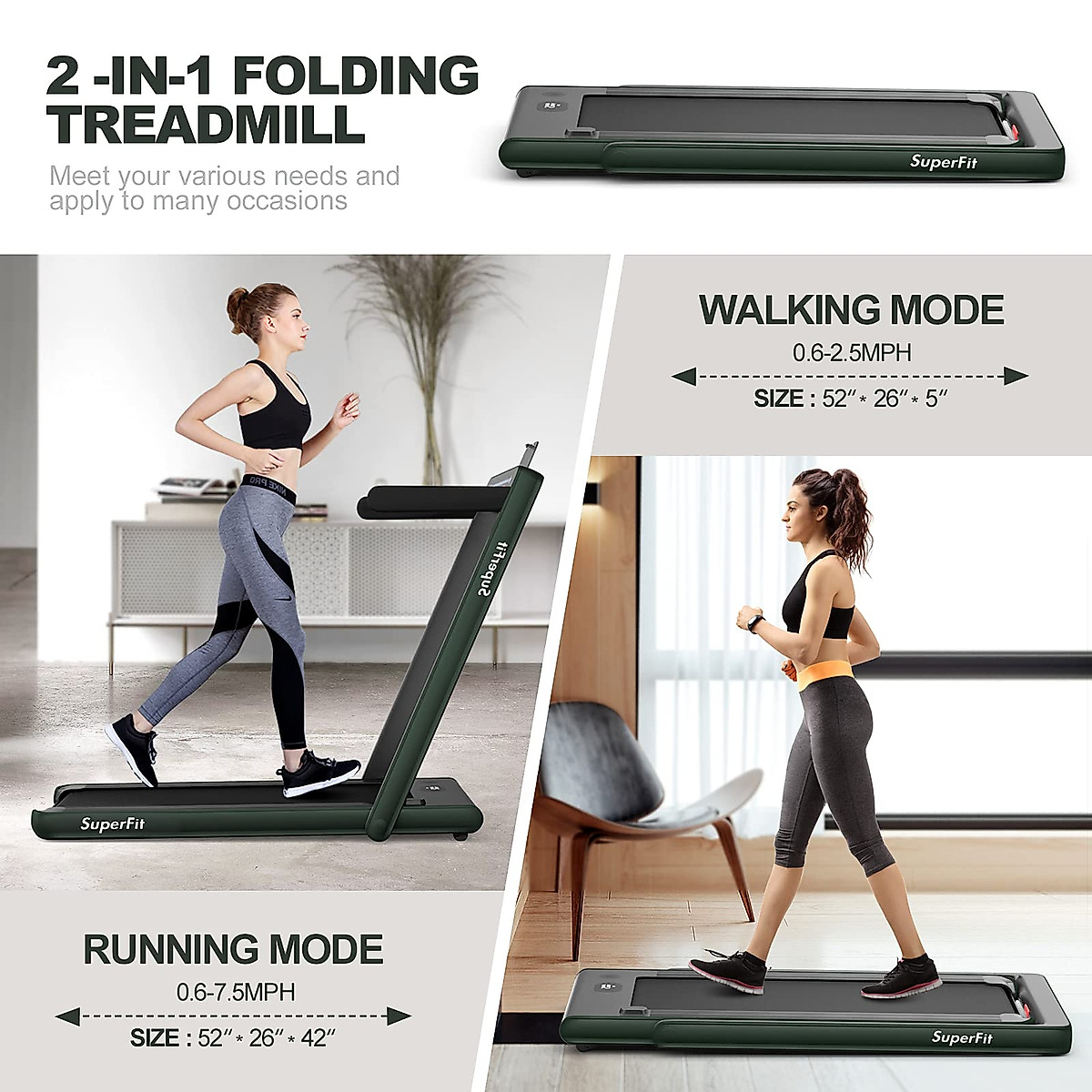 Sporfit 2 in 1 Folding Treadmill,Portable Installation-Free Treadmill with Bluetooth Speaker, Remote Control, APP Control and LED Display, Walking Jogging for Home Office Use, Green