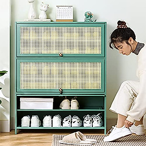 QQXX Bamboo Shoe Cabinet,Modern Entryway Shoe Storage Cabinet with Rattan Doors,Flip Shoe Rack Cabinet Shoe Organizer,Premium Storage Cabinet for Hallway Bathroom Kitchen(4tiers-31.5", Green)