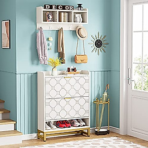 Tribesigns Shoe Storage Cabinet with Cubby Coat Rack, 3-in-1Design Free Standing Entryway Shoe Rack Cabinet with 2 Flip Drawers,5 Hooks,3 Storage Cubbies for Hallway, Mudroom, White and Gold