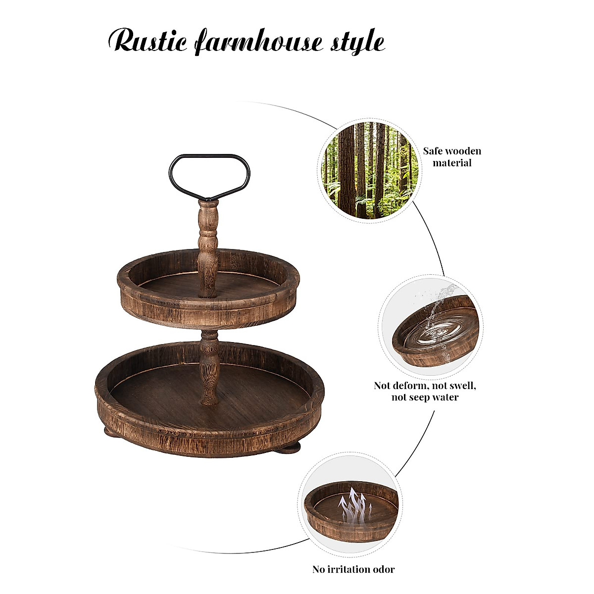 Tiered Tray Decor, Farmhouse Tiered Tray Round Brown Wooden Rustic Ornaments, Two Tiered Tray for Coffee Plate Cakes Dessert Fruit Platters