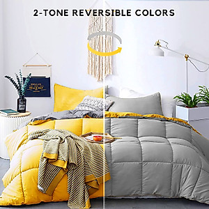 KASENTEX Dual-Sided Yellow and Grey Comforter Set, 2 Pieces Lightweight Teen Solid Bedding Set & Collections, All Season Fluffy Bed Set (68x88in Comforter & 1 Pillowcase)