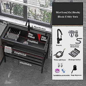 HM&DX Utility Sink with Cabinet,Black Commercial Sink,freestanding Stainless Steel Sinks,Single Bowl Kitchen Sink with Faucet and Shelves,Hand Washing Station Basin for Garage Kitchen Laundry Room