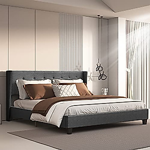 BONSOIR King Size Grey Color Bed Frame Upholstered Traditional Low Profile Platform with Wing Back Headboard Linen Fabric Upholstery/Sand (Dark Grey, King Size)
