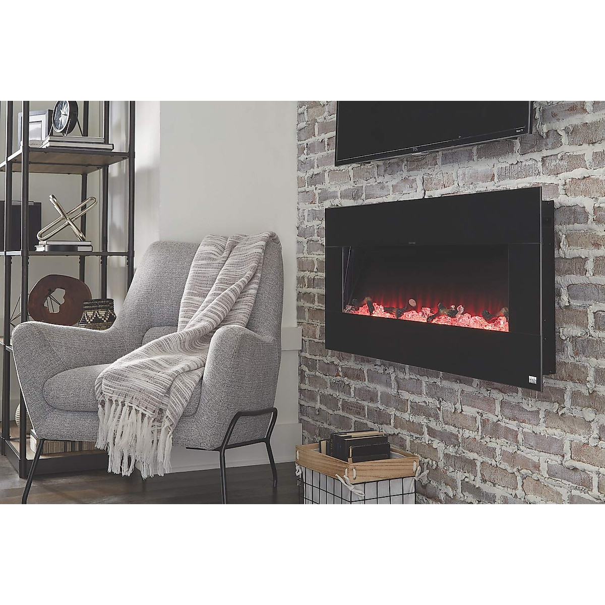 BurnBrite 88001 50-Inch Dual-use Wall Mount & Recessed Electric Fireplace with Crystals and Driftwood, Black