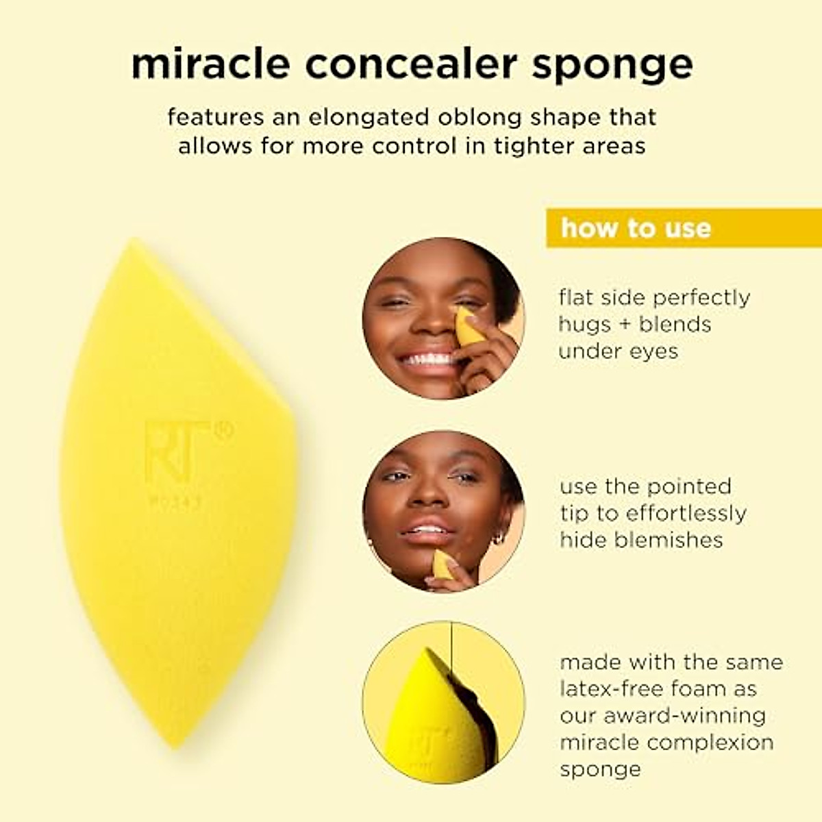 Real Techniques Miracle Concealer Sponge, Makeup Blending Sponge For Liquid & Cream Concealer, Elongated Shape For Precise Application Under Eyes & Tight Areas, Yellow, Latex-Free Foam, 1 Count