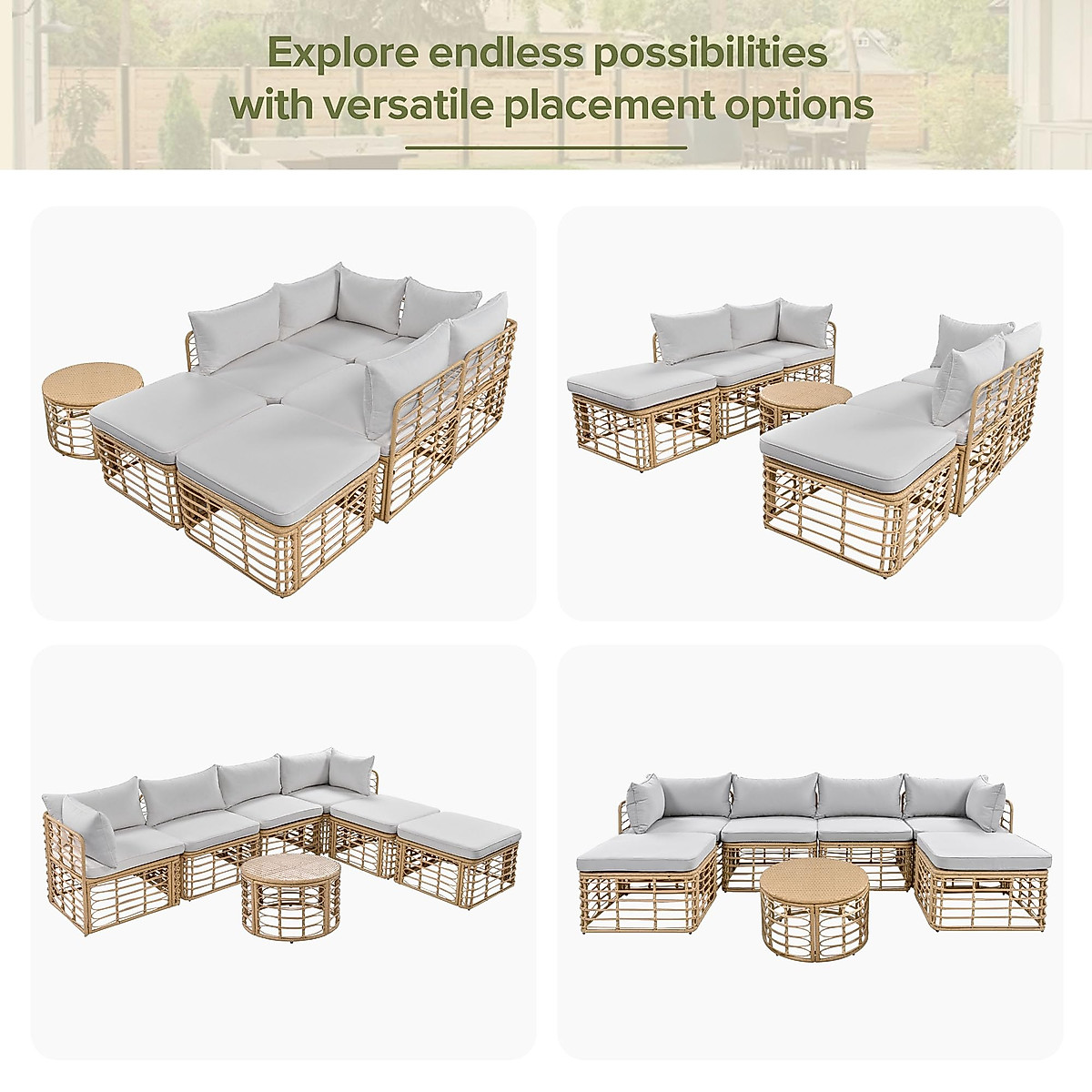 7 Pieces Outdoor Patio Furniture Sectional Sofa Set with Coffee Table, All-Weather Rattan Conversation Set with Thick Cushions and Pillows for Garden Backyard Balcony, Freely Combined (Grey-7S)