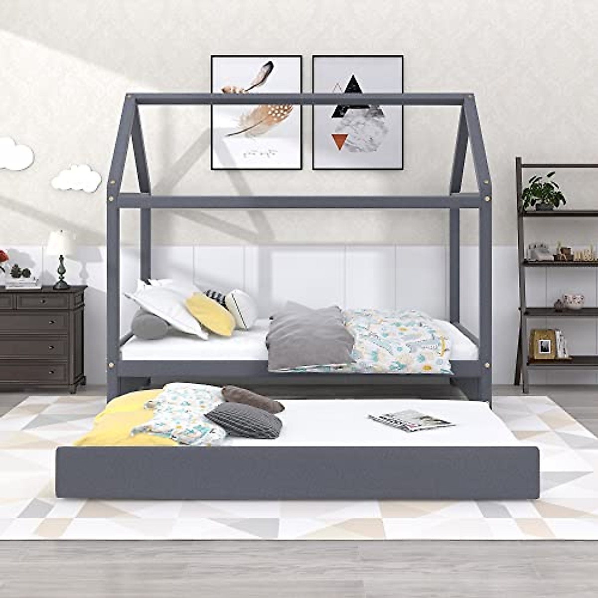 Lostcat Twin Size Upholstered House Platform Bed with Trundle,Twin Bunk Bed with Roof Design for Kids, Teens, Girls, Boys,No Box Spring Required,Grey