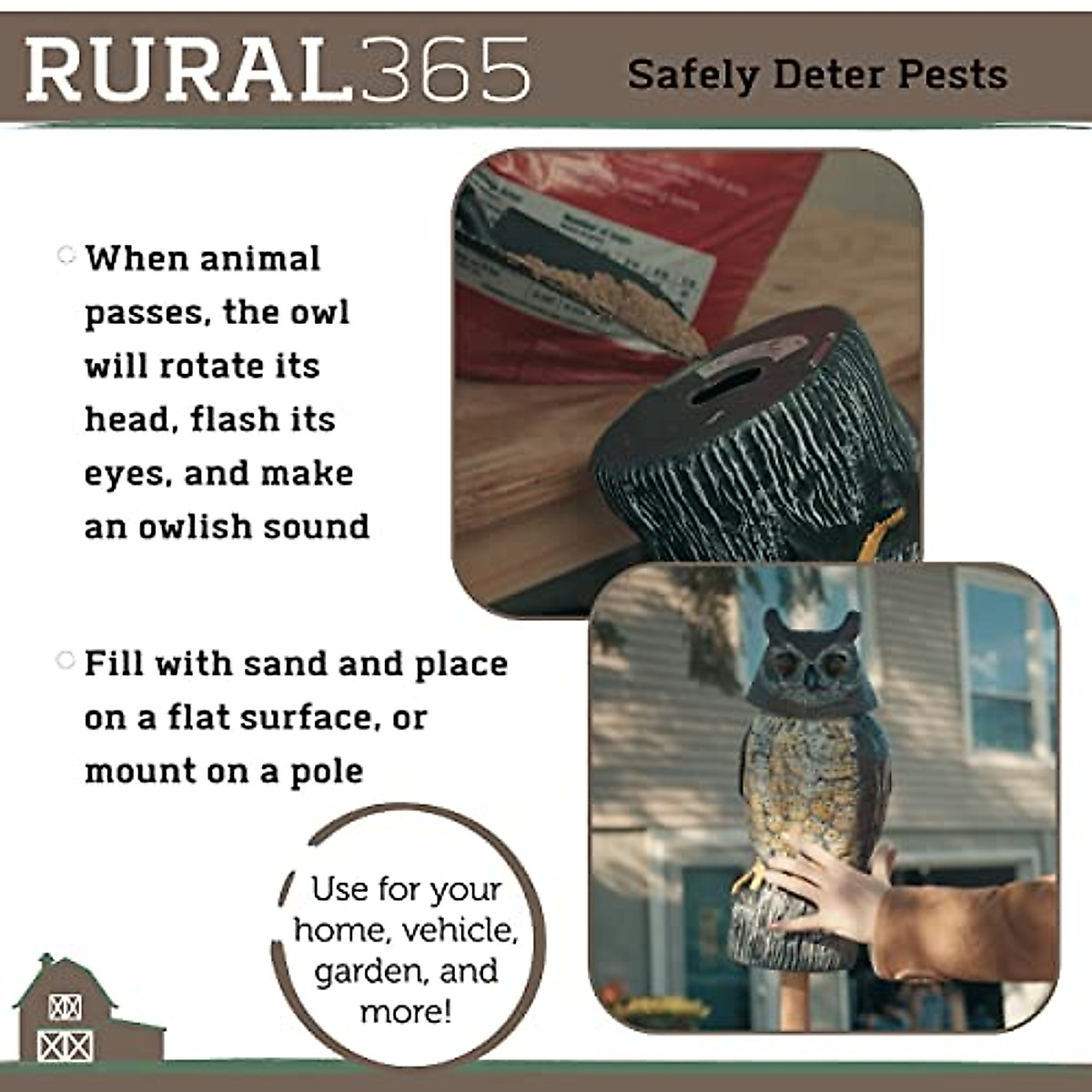 Rural365 Owl Decoy Bird Deterrent - Artificial Solar Powered Fake Owl with Rotating Head, Flashing Eyes, and Bird Sounds