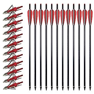 VKEDA 20 Inch Carbon Crossbow Bolts 12 Pack and 12 Pack Hunting Broadheads kit, Carbon Crossbow Arrows for Hunting and Outdoor Practice (Red)