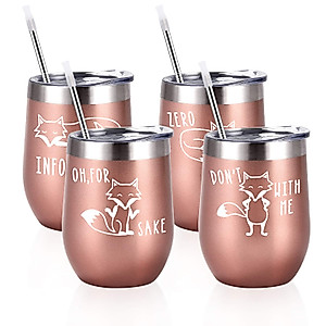 GINGPROUS The Fox Series Wine Tumbler Set, Set of 4, Infoxicated, Zero Fox Given, Oh for Fox Sake, Don't Fox with Me Wine Tumbler for Friends Mom Dad Wife Husband Family Grandma, 12 Oz, Rose Gold