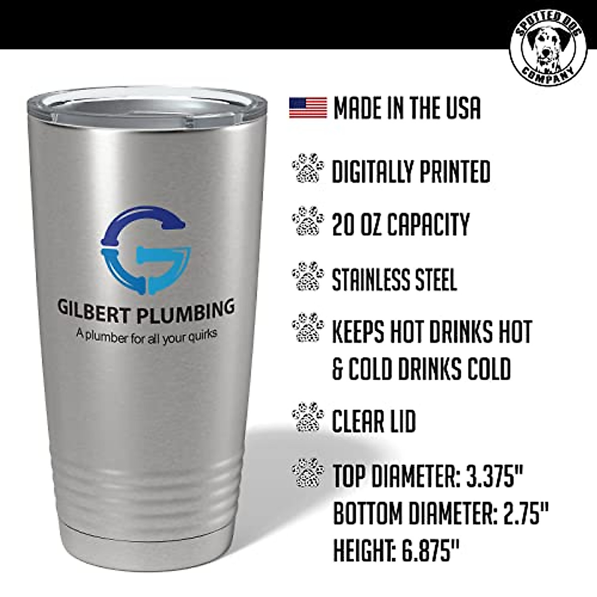 Personalized 20oz Printed Insulated Stainless Steel Tumbler with Lid - Custom Promotional Items with your Logo - Bulk Company Small Business Party Favors (Stainless)