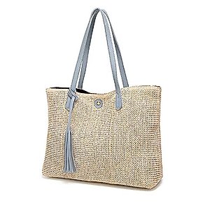 QTKJ Women Straw Summer Beach Bag Handwoven Big Tote Leather Shoulder Handbag with Tassel Decorate (Light Blue)