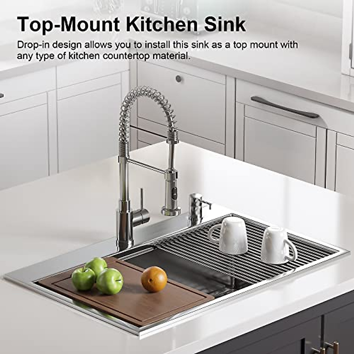 HOROW 33 inch Drop In Workstation Kitchen Sink, 18 Gauge Topmount Drop In Sink for Kitchen, sus 304 Stainless Steel Sink with 2 holes, Deep Single Bowl Kitchen Sink with Accessories, 33"x22"x10"