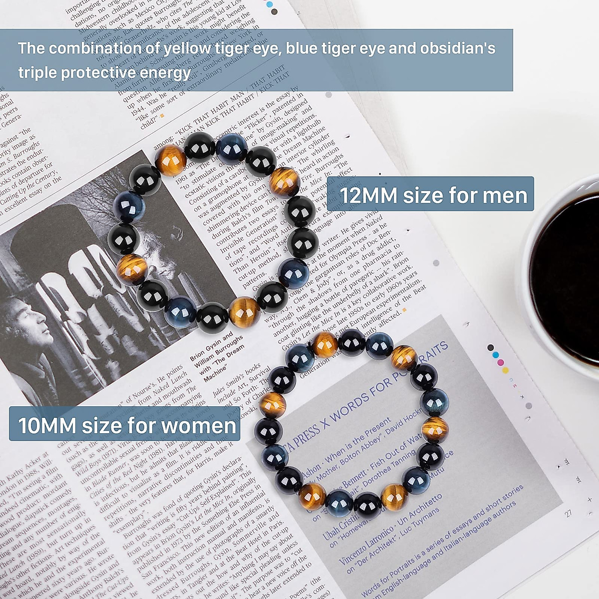 Triple protection bracelet, Tiger Eye Bracelet for Men Women, 12MM Crystal Stone Beaded Black Obsidian Bracelet, Anxiety Relief,increase courage and determination, Healing Energy Bead Bracelet