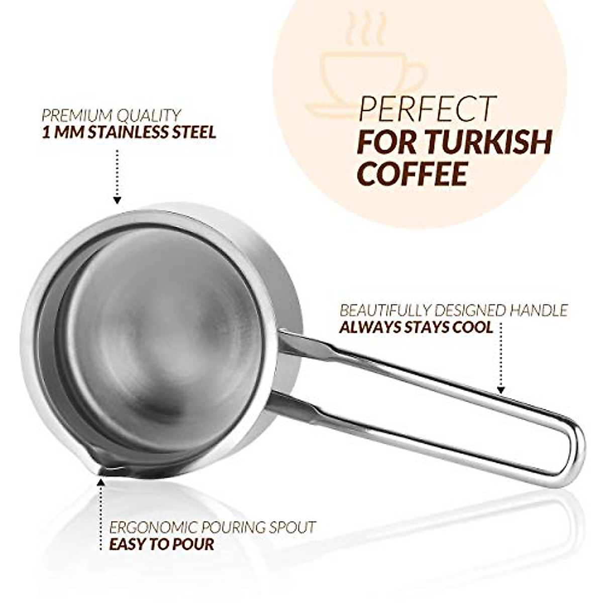 Caizen Coffee Quality Turkish Coffee Pot - Turkish Coffee Maker, Chai Pot, Arabic Coffee Pot, Briki Greek Coffee Pot, Greek Briki, Cezve, Ibrik (15oz)