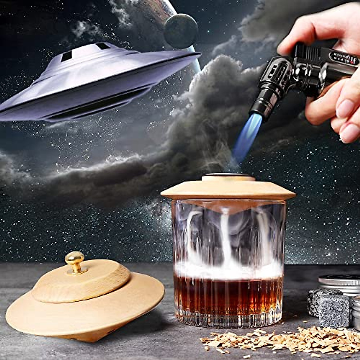 AJIJING Cocktail Smoker Kit with 4 Flavour Wood Chips-Old Fashioned Smoker Kit for Drinks, Whiskey, Bourbon, Drink Smoker Infuser Kit, Best Gift for Husband, Father, and Whiskey Lovers