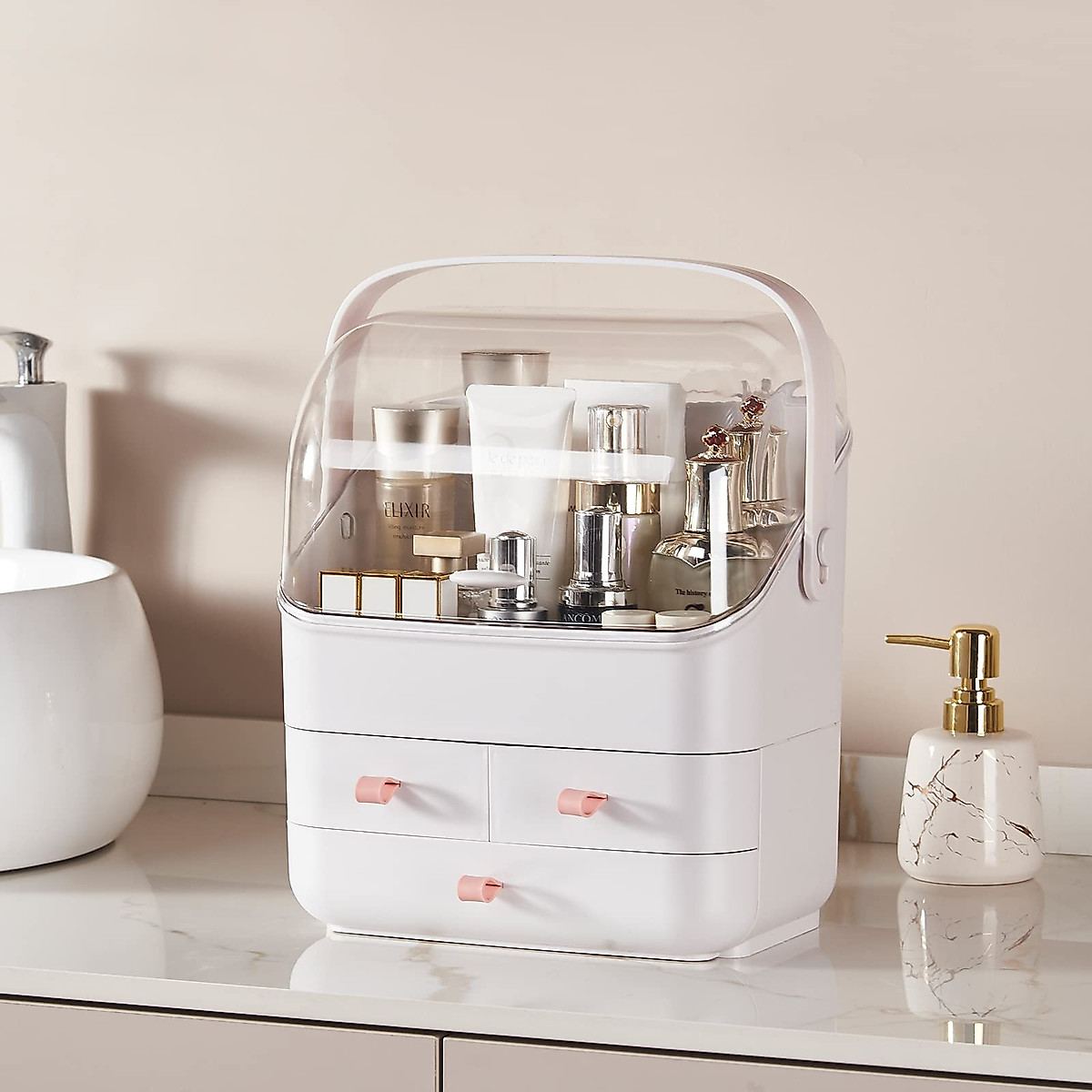 SUNFICON Makeup Organizer Holder Cosmetic Storage Box with Dust Free Cover Portable Handle,Fully Open Waterproof Lid, Dust Proof Drawers,Great for Bathroom Countertop Bedroom Dresser White
