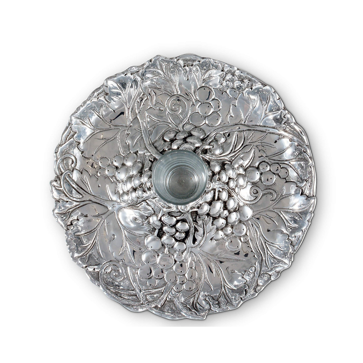 Arthur Court Aluminum Metal Grape Pattern Tidbit Cheese Hors d'oeuvres Tray with Glass for Toothpick - Entertaining Small Platter 10 inch Diameter x 2.25 inch Tall