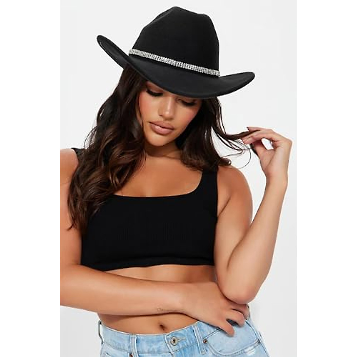 Women Western Rhinestone Cowboy Hat - Classic Bling Diamond Band Decoration Rodeo Fedora Hat(Size:Large)