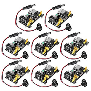 ALAMSCN 3.3V 5V MB102 Solderless Breadboard Power Supply Module with 9V Battery Clip Power Cable 2.1x 5.5mm Male DC Jack Plug for Arduino (Pack of 8)