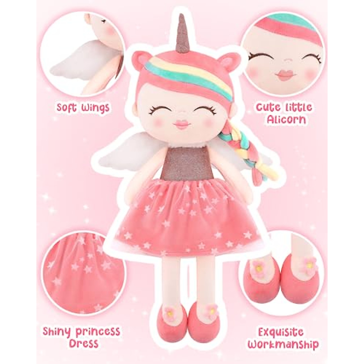 GAGAKU Plush Baby Girl Dolls 17'' Soft Unicorn Stuffed Animal Rag Doll for Girls Unicorn Gift Toys with Gift Bag - Pink
