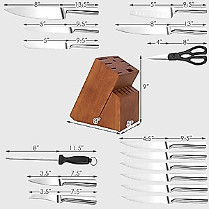 COSTWAY Kitchen Knife Set, with Block, Sharpener & Kitchen Shears,Ultra Sharp Knife Set with Chef Knife, Bread Knife, Santoku Knife, Utility Knife, 6 Steak Knives(16-Pieces, Silver, Brown)