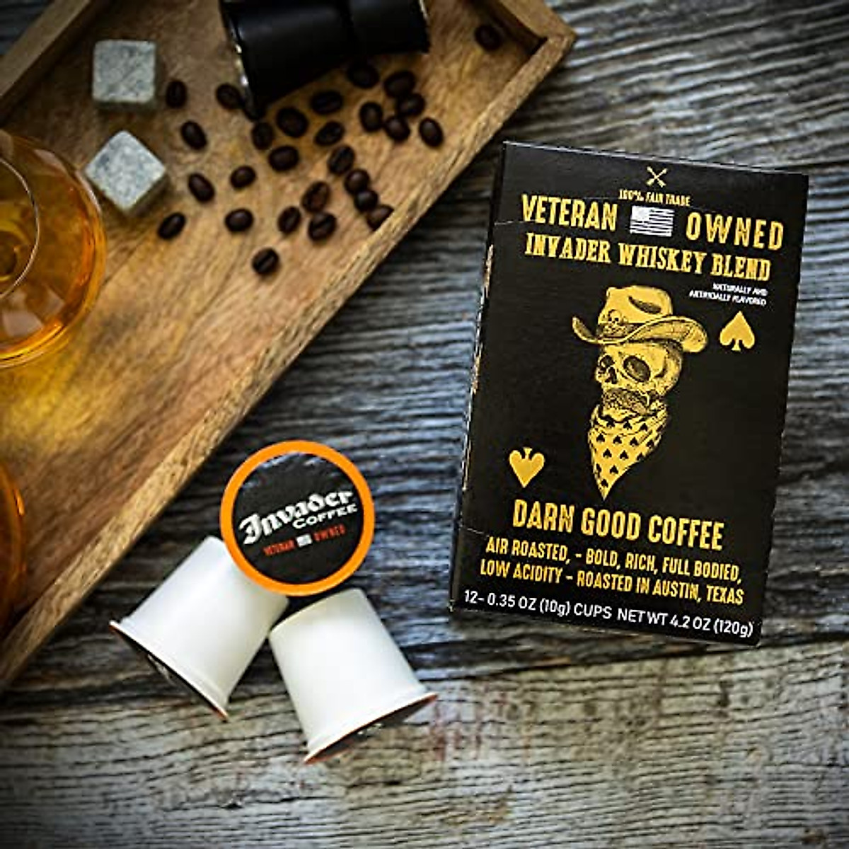 Invader Coffee Whiskey Blend K-Cup Pods Air Roasted Coffee Fair Trade Veteran Owned and Operated Small Batch 100% Arabica Coffee Premium Artisan Coffee (12-Pk)