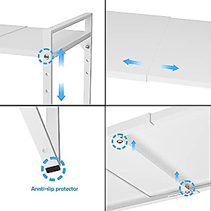 Redrubbit 2 Tier Extendable Microwave Oven Rack, Heavy Duty Steel Metal Shelf Adjustable Height Home Office Pantry Shelf Space for Kitchen Counter Organization, White