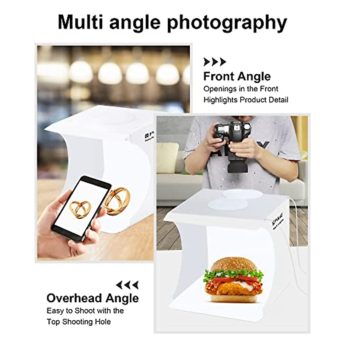 PULUZ Photo Studio Box with LED Light, 20cm Mini Portable Photography Lighting Tent Kit, White Foldable Shooting Softbox with 2x20 Lights + 6 Backdrops for Product Display