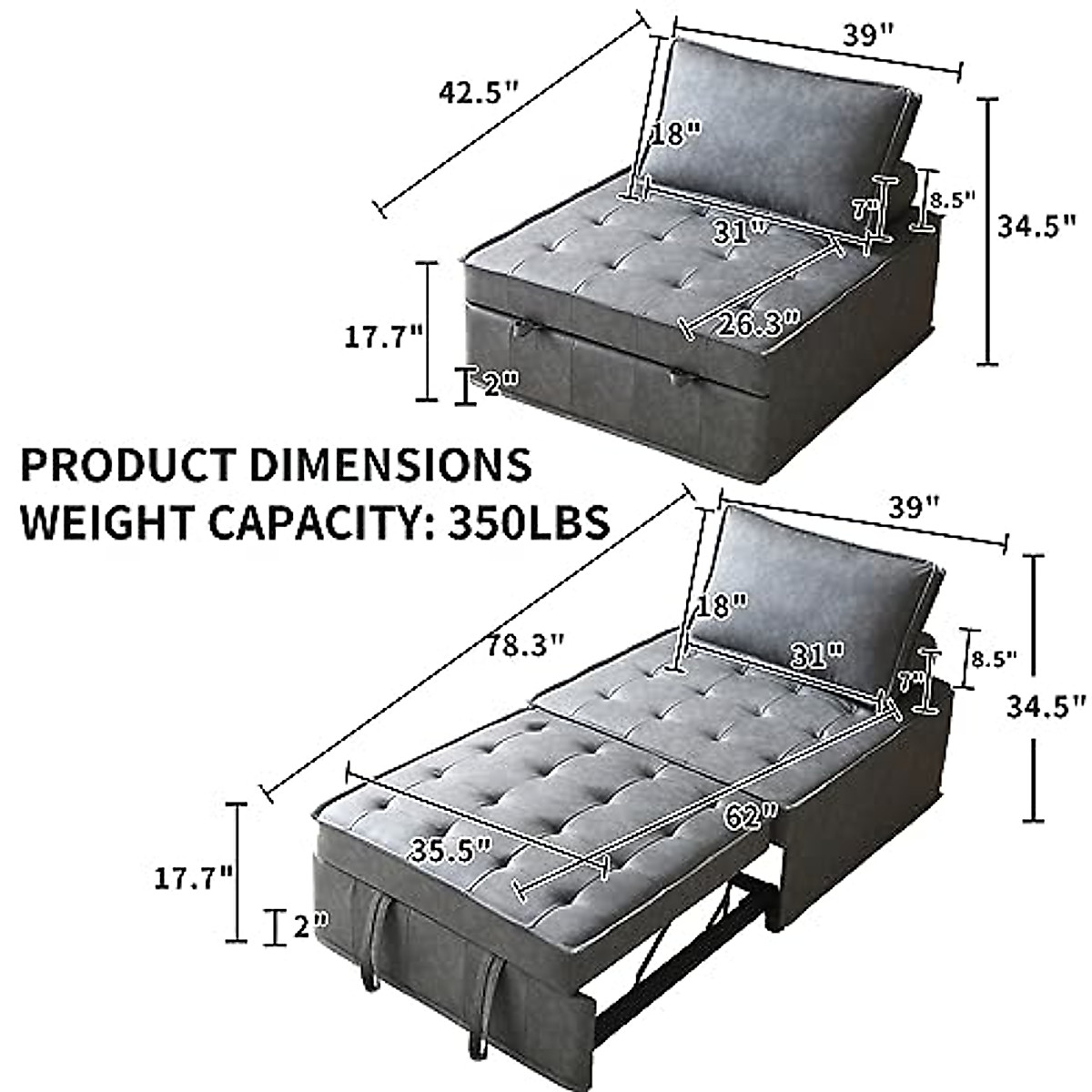 NIOIIKIT Convertible Pull Out Sleeper Sofa Bed, Modern PU Leather 2-in-1 Single Lazy Sofa, Ottoman with Backrest and Pillow for Living Room, Bedroom, Office, Lounge (Dark Grey PU)