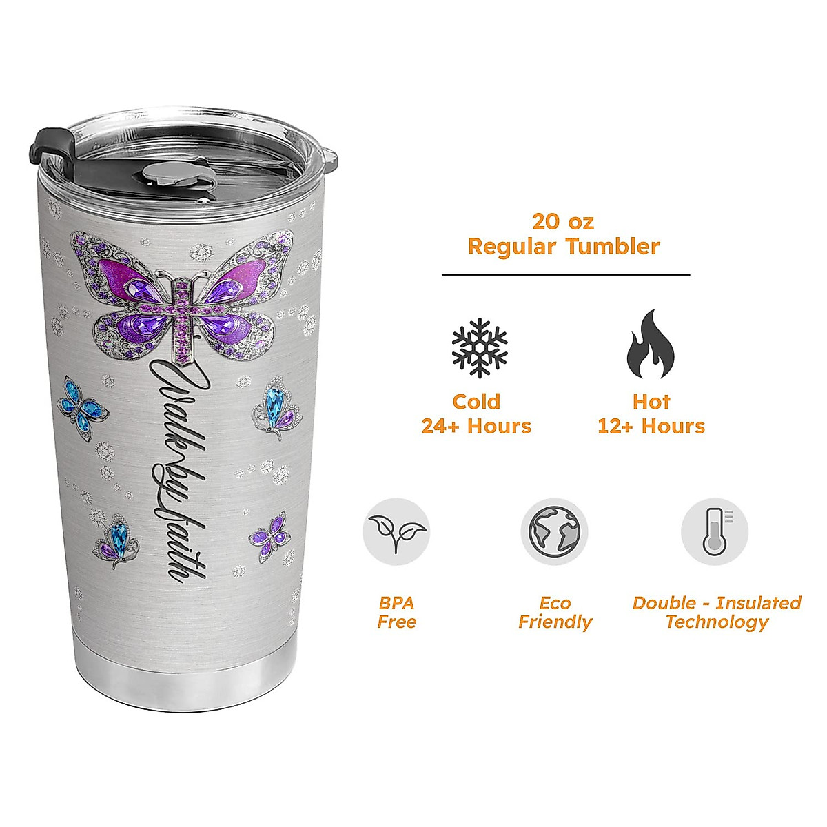 20oz Printed Jewelry Crystal Butterfly Faith Hope Love Tumbler, Religious, Christian Gifts, Coffee Thermos for Women, Stainless Steel Double Wall Vacuum Insulated Coffee Mug, Travel Cup with Lid