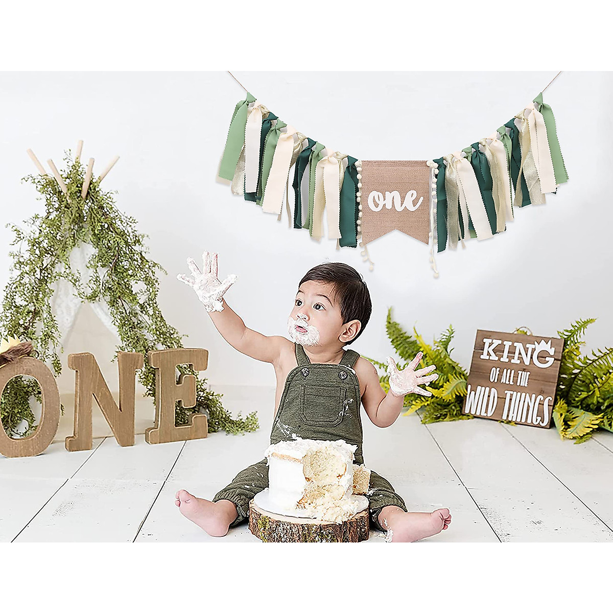 Wild One Highchair Banner, Jungle Highchair Banner, Safari Birthday，high Chair Banner First Birthday Boy，one High Chair Banner Boy Party Decorations（green）