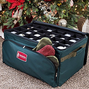 TreeKeeper (Green Christmas Ornament Storage Box with Dividers) - Deluxe Ornament Keeper - Holds 72 Ornaments up to 4 Inches in Diameter | 3 Removable Trays with Separators | Acid-Free Fabric Lining