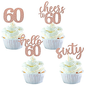 36 Pack 60th Birthday Cupcake Toppers Rose Gold Glitter Cheers to 60 Cake Toppers Hello 60 Sixty Cupcake Picks Decorations for 60th Birthday Anniversary Party Supplies