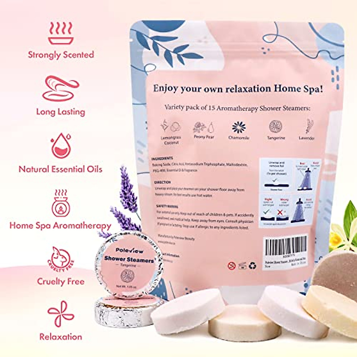 Poleview Shower Steamers Aromatherapy, Variety Pack of 15 Shower Bombs with Essential Oil for Home SPA, Relaxation, Meditation and Calming - Stress Relief and Self Care Gifts Set for Women and Men