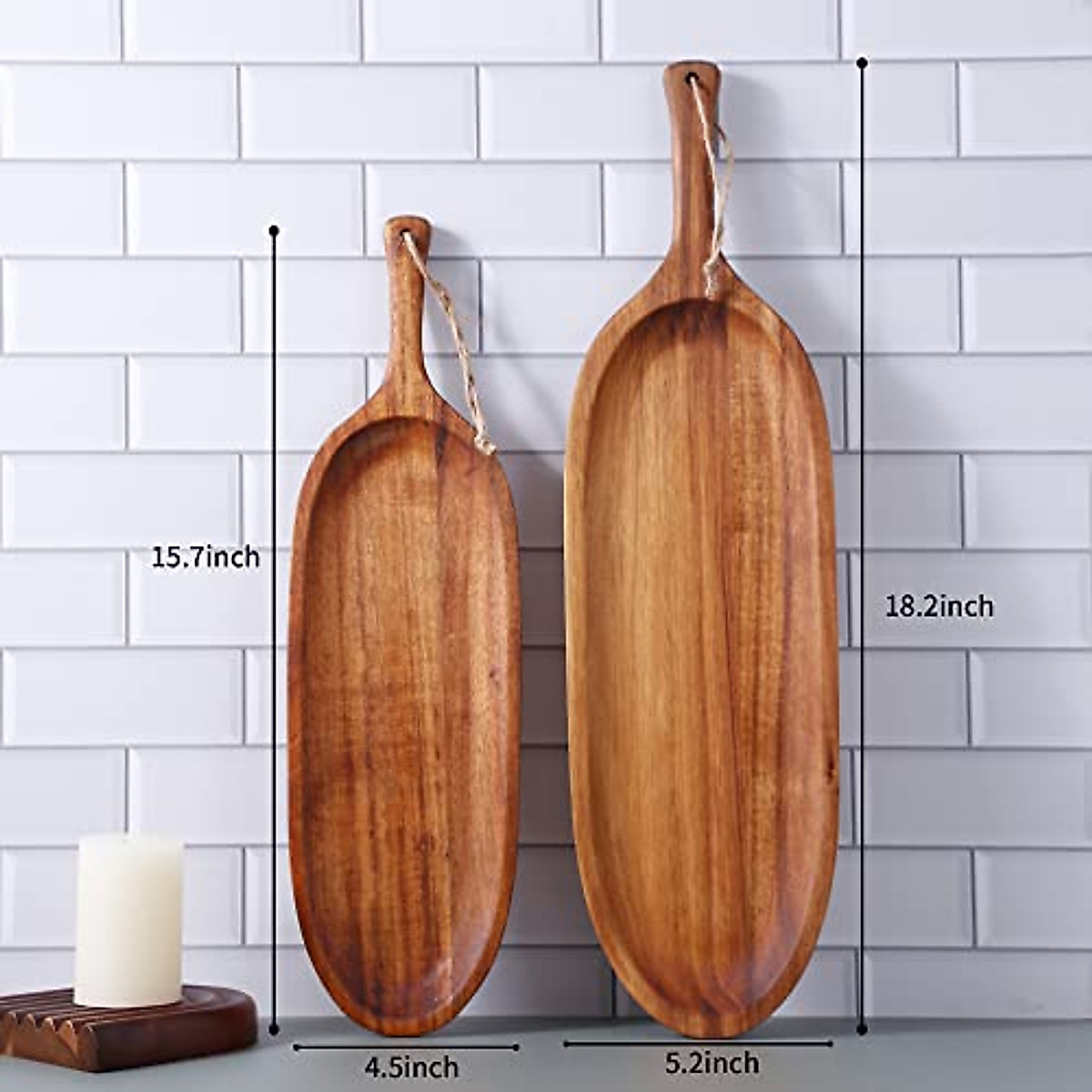 Set of 2 Acacia Wood Serving Trays,Oval Long Wooden Tray Plates for Serving Food,House Warming Gifts New Home Decor,Handmade Snack Board Bread Sushi Fruit Trays for Party