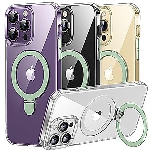 CATiabax for iPhone 14 Pro Case with Magnetic Invisible Stand [Military Drop Protection] [Compatible with MagSafe] Shockproof Transparent Phone Cases for Men Women 6.1 Inch, Clear+Green